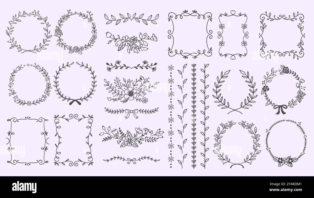 Hand-drawn set of floral decorative items. Frames, borders, wreaths ...