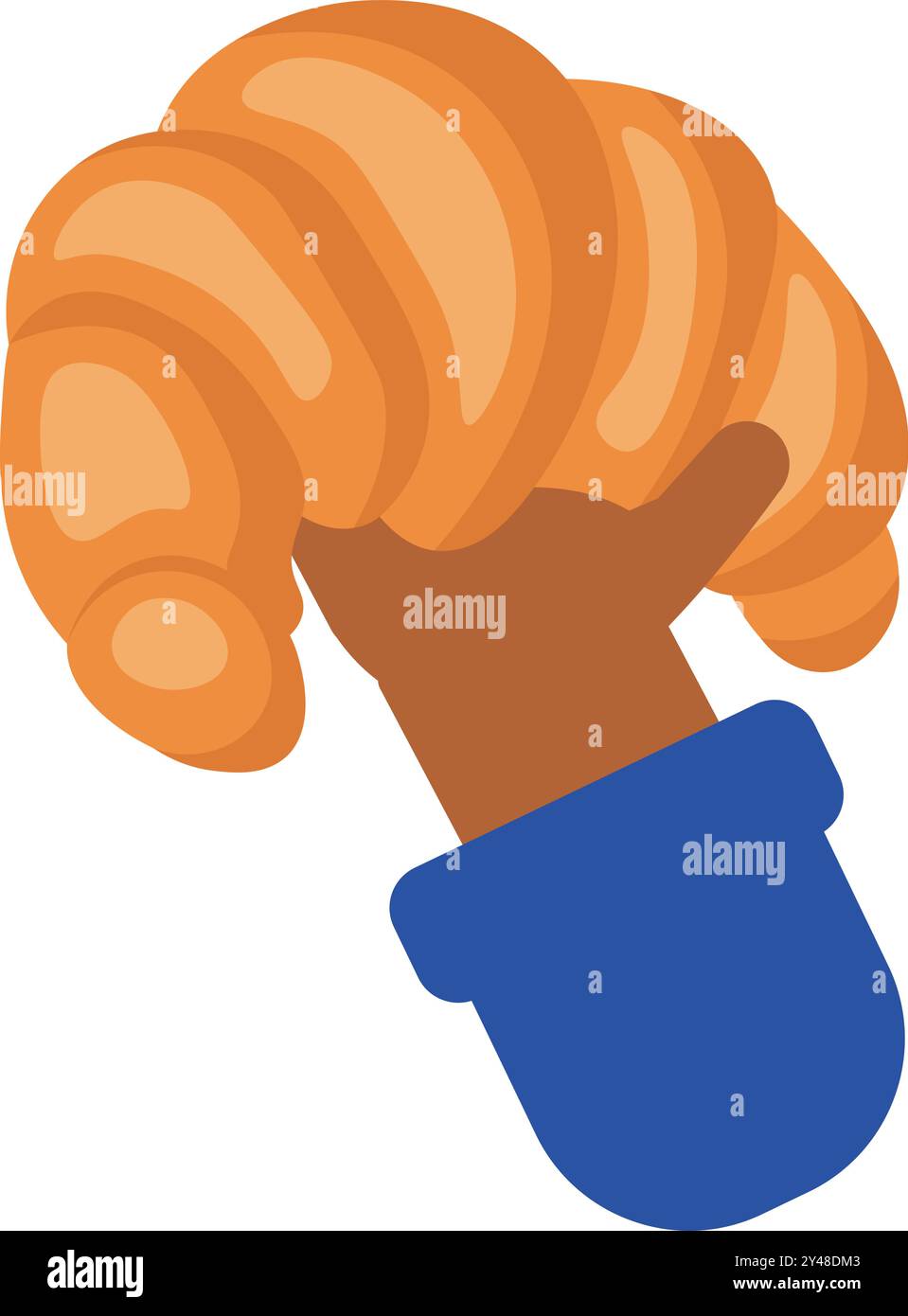 A hand grasps a golden plump croissant in a cartoon style. French bread ...