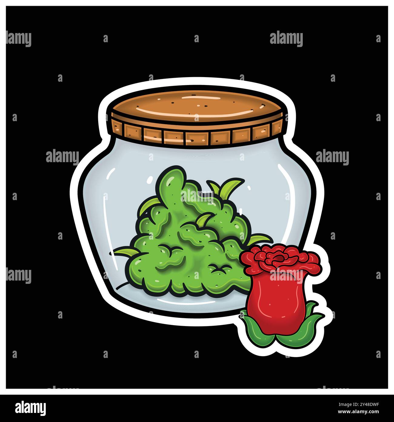 Rose Flavor With Cartoon Mascot of Weed Bud On Jar. For Sticker and ...