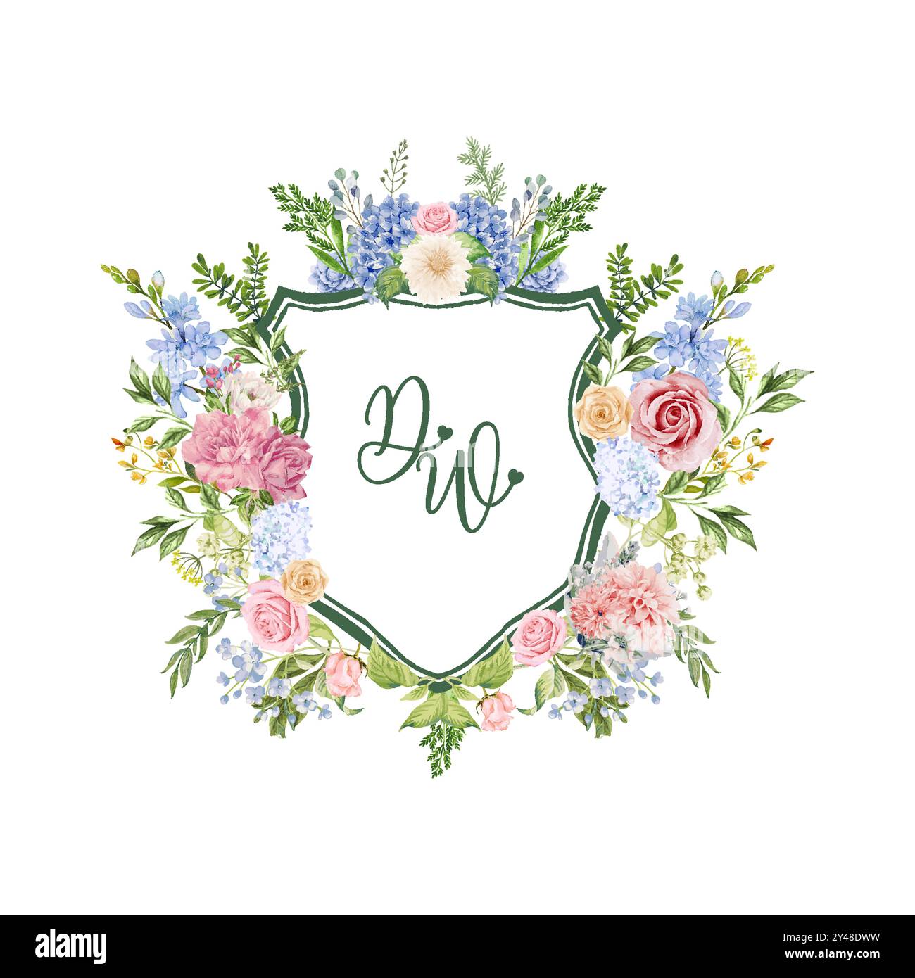 Watercolor wreath blue hydrangea Cut Out Stock Images & Pictures - Alamy