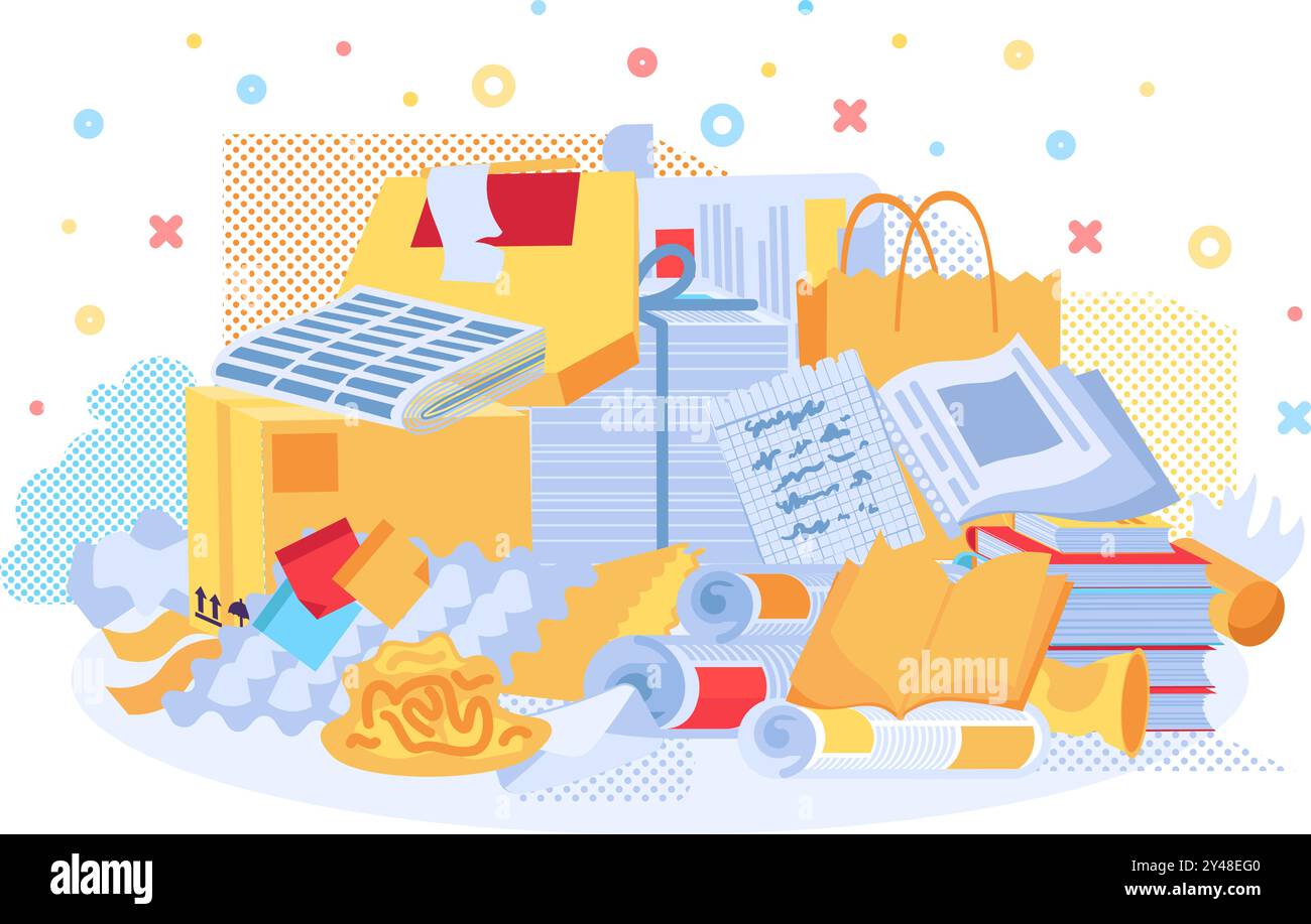 Old unwanted paper piled up in big pile. Heap of yellowed paper pages ...