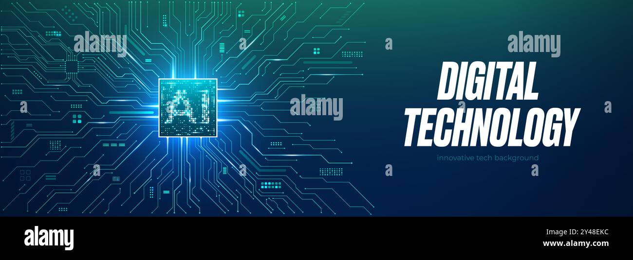 AI semiconductor on circuit tech background. AI chip light neon effect ...
