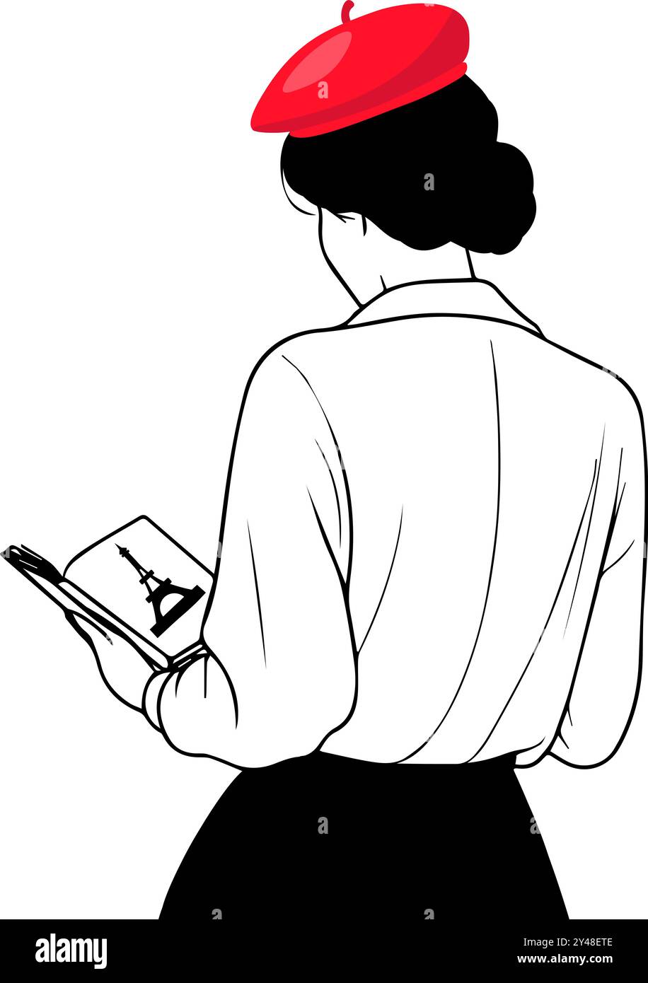 French woman reading book with Eiffel tower in line art style Stock ...