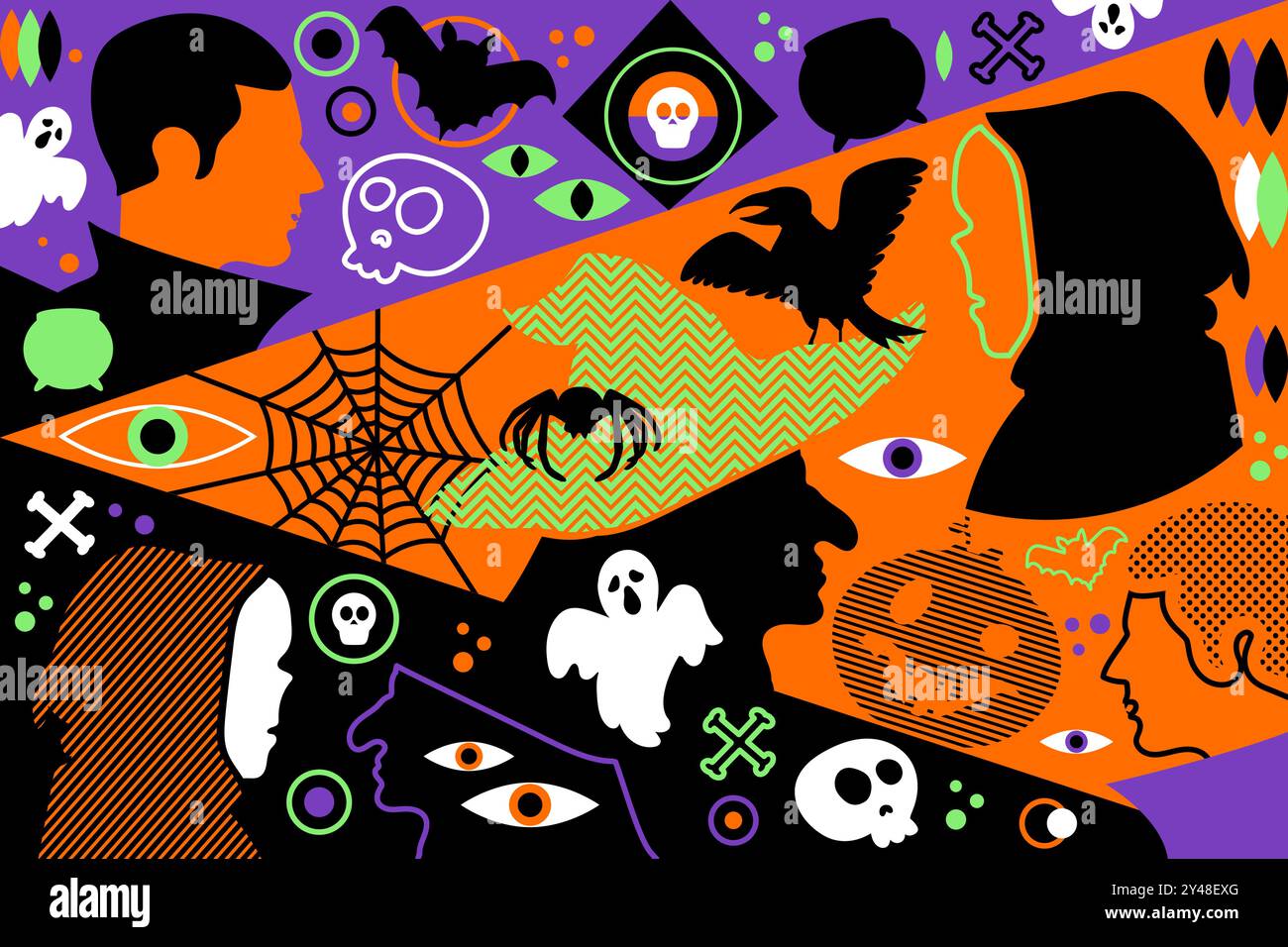 Colorful neon vector Halloween concept illustration featuring witch ...