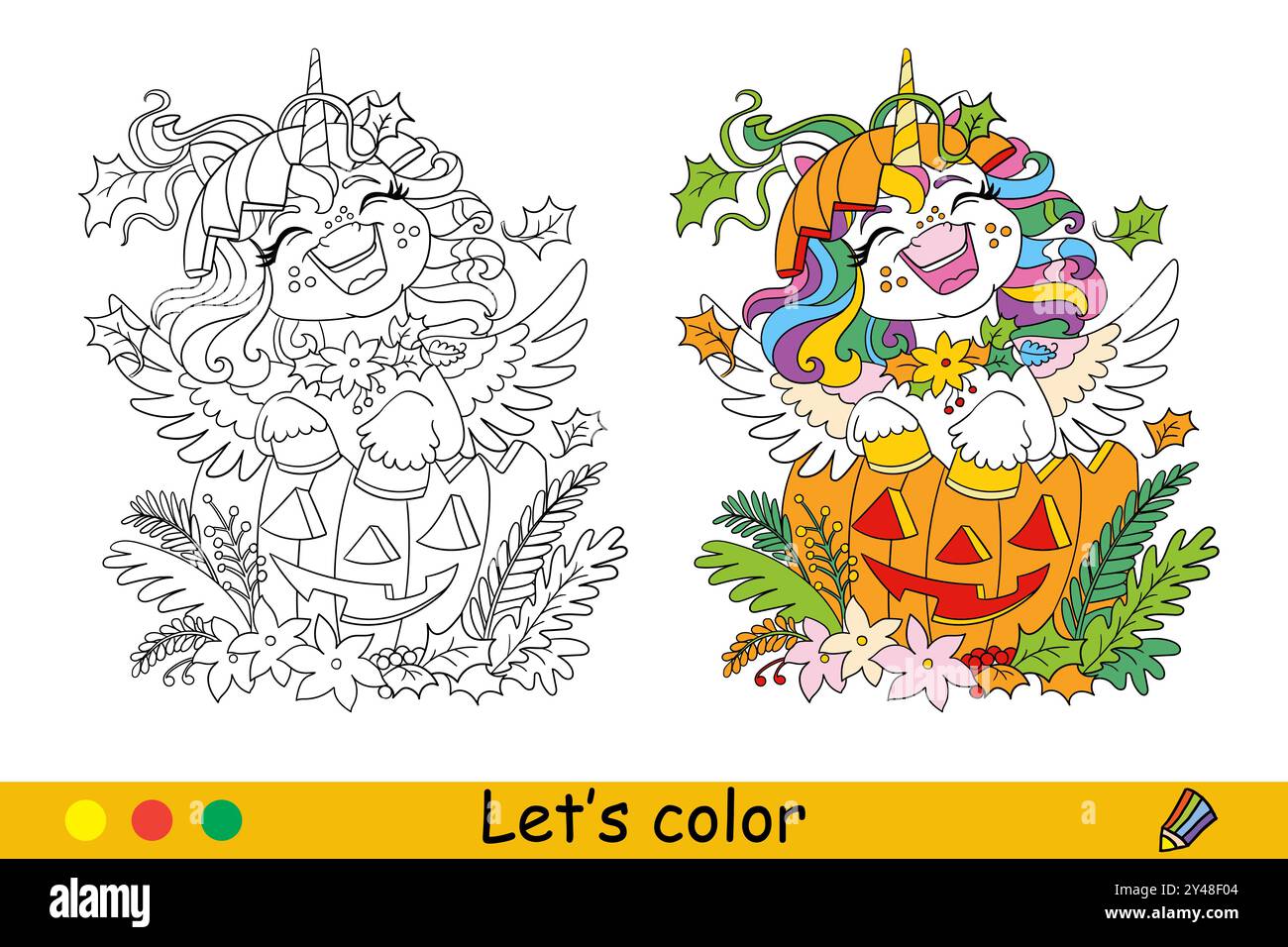 Cute unicorn in a Halloween pumpkin. Halloween concept. Coloring book ...