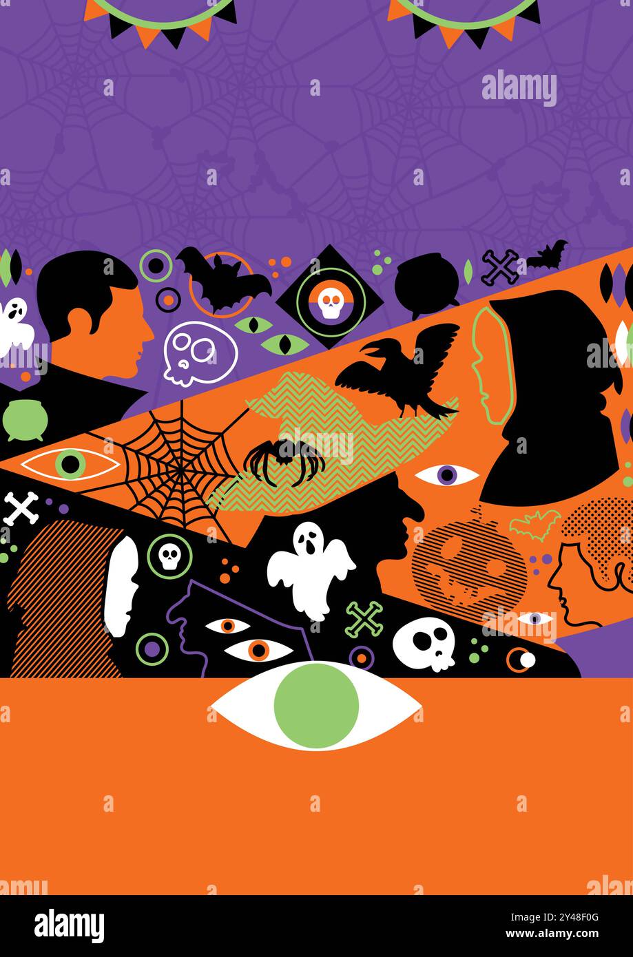 Colorful neon vector Halloween poster template featuring witch, vampire ...