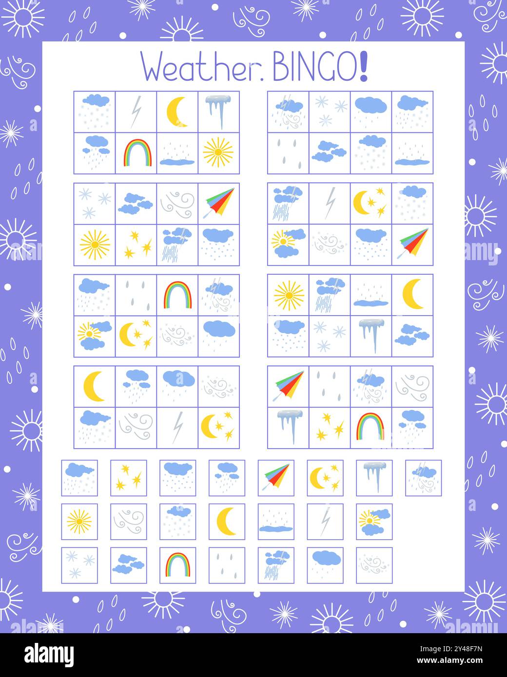 Weather elements set sun, wind, rain, fog, clouds cute hand drawn ...