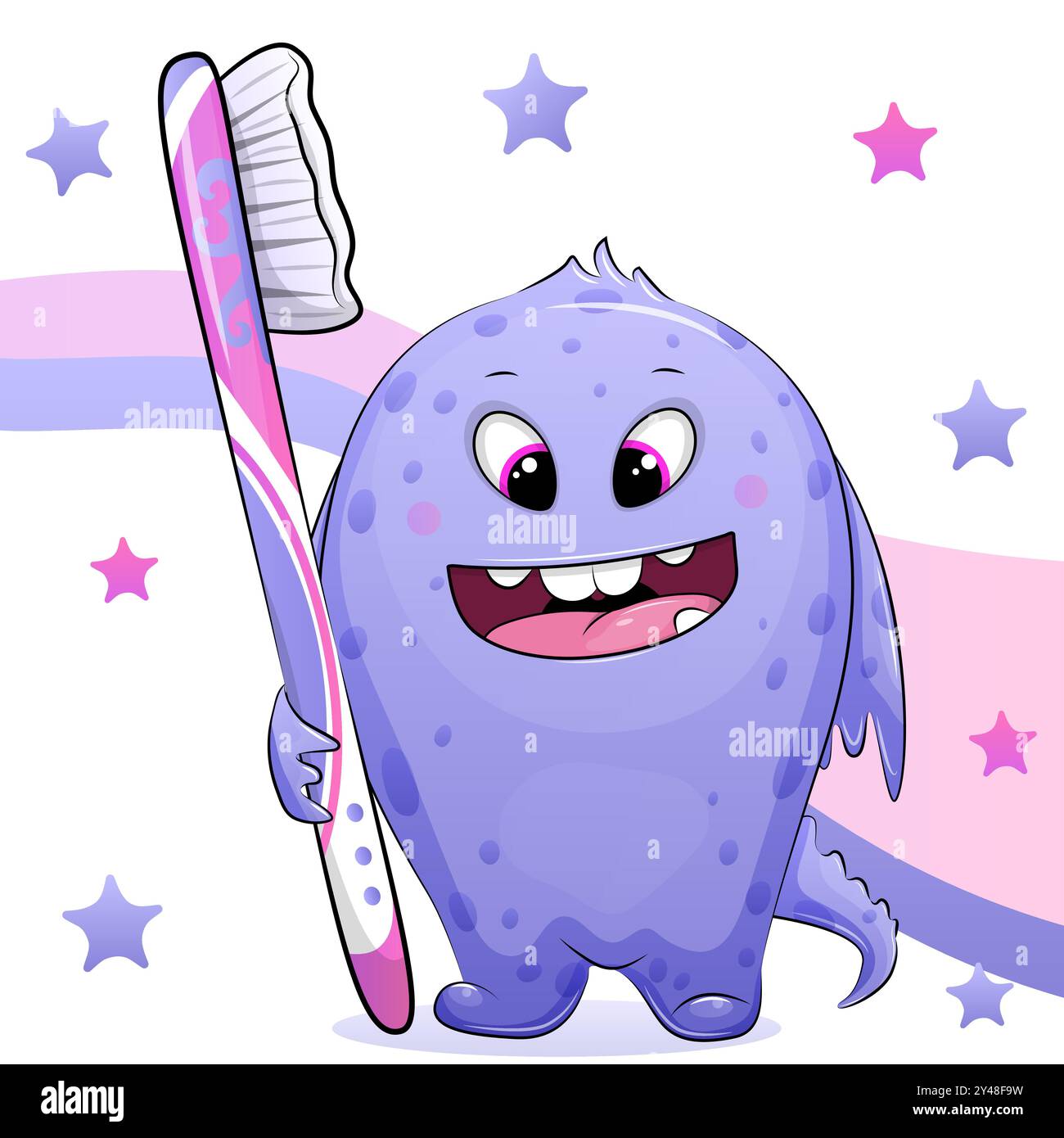 A cute cartoon monster with a big toothbrush. Vector illustration of an ...