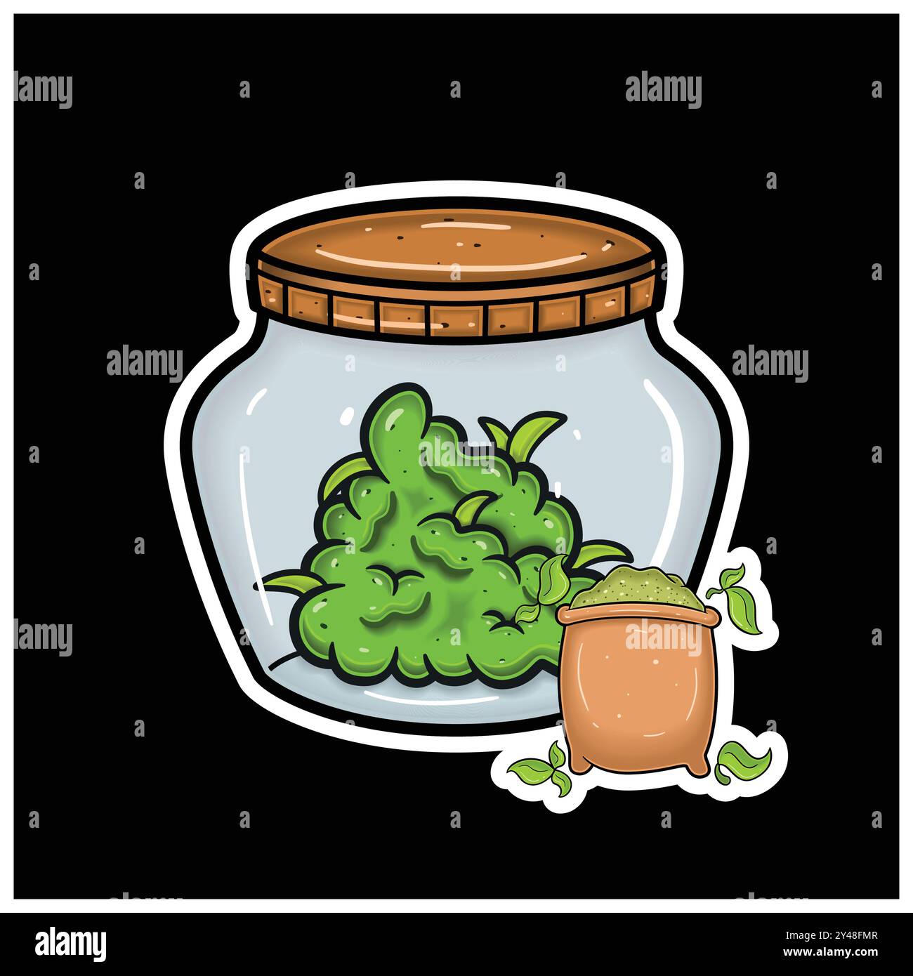 Matcha Flavor With Cartoon Mascot of Weed Bud On Jar. For Sticker and ...