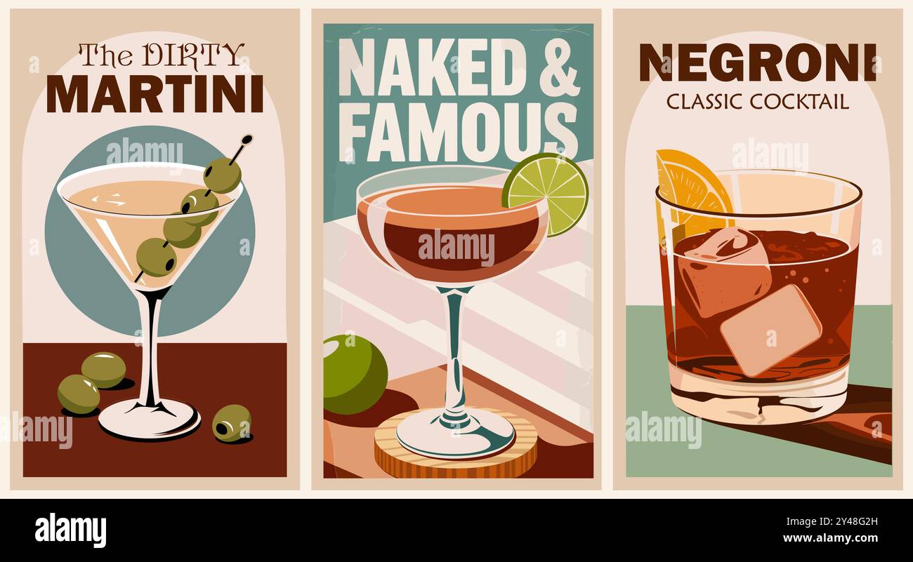 Dirty Martini, Negroni Cocktail Retro Posters set Stock Vector Image ...