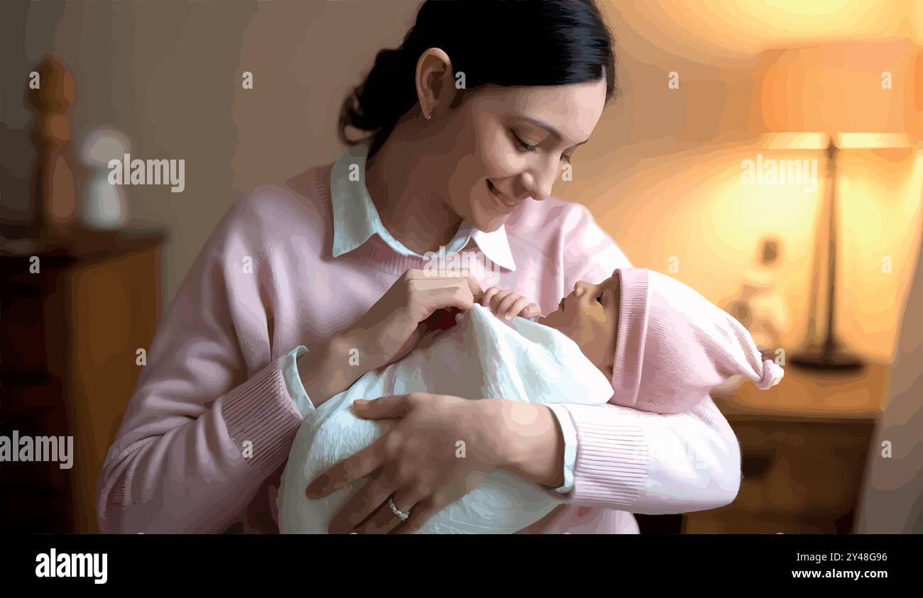 A new mother cradles her newborn in a softly lit room, her smile ...