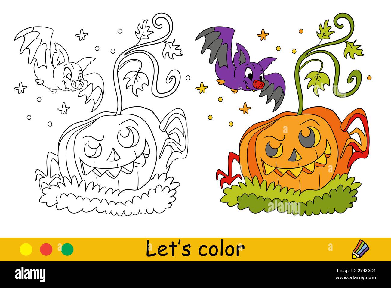 Pumpkin and bat coloring vector illustration. Halloween pumpkin outline ...