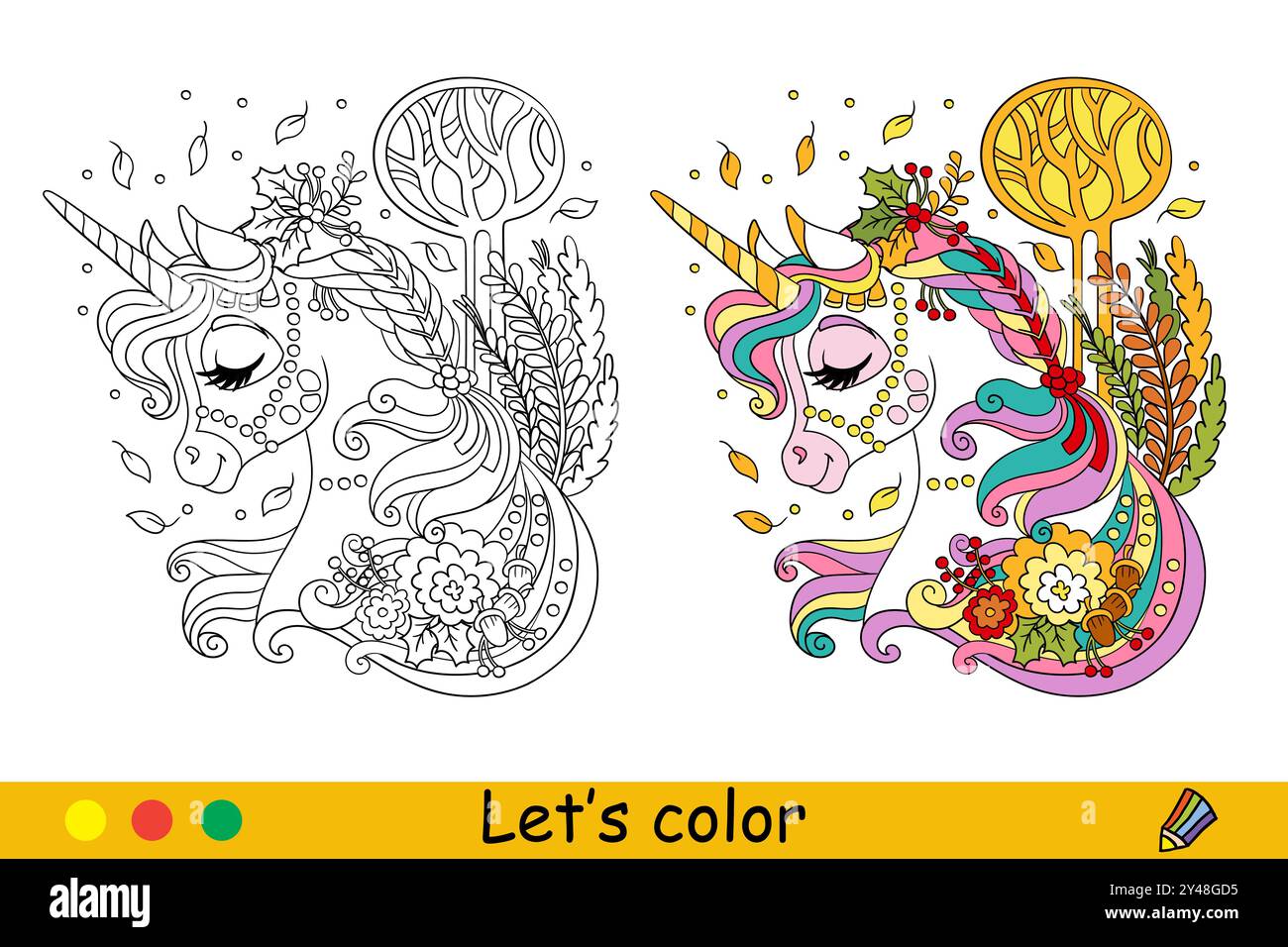 Cute dreaming unicorn in a autumn forest. Halloween concept. Coloring ...