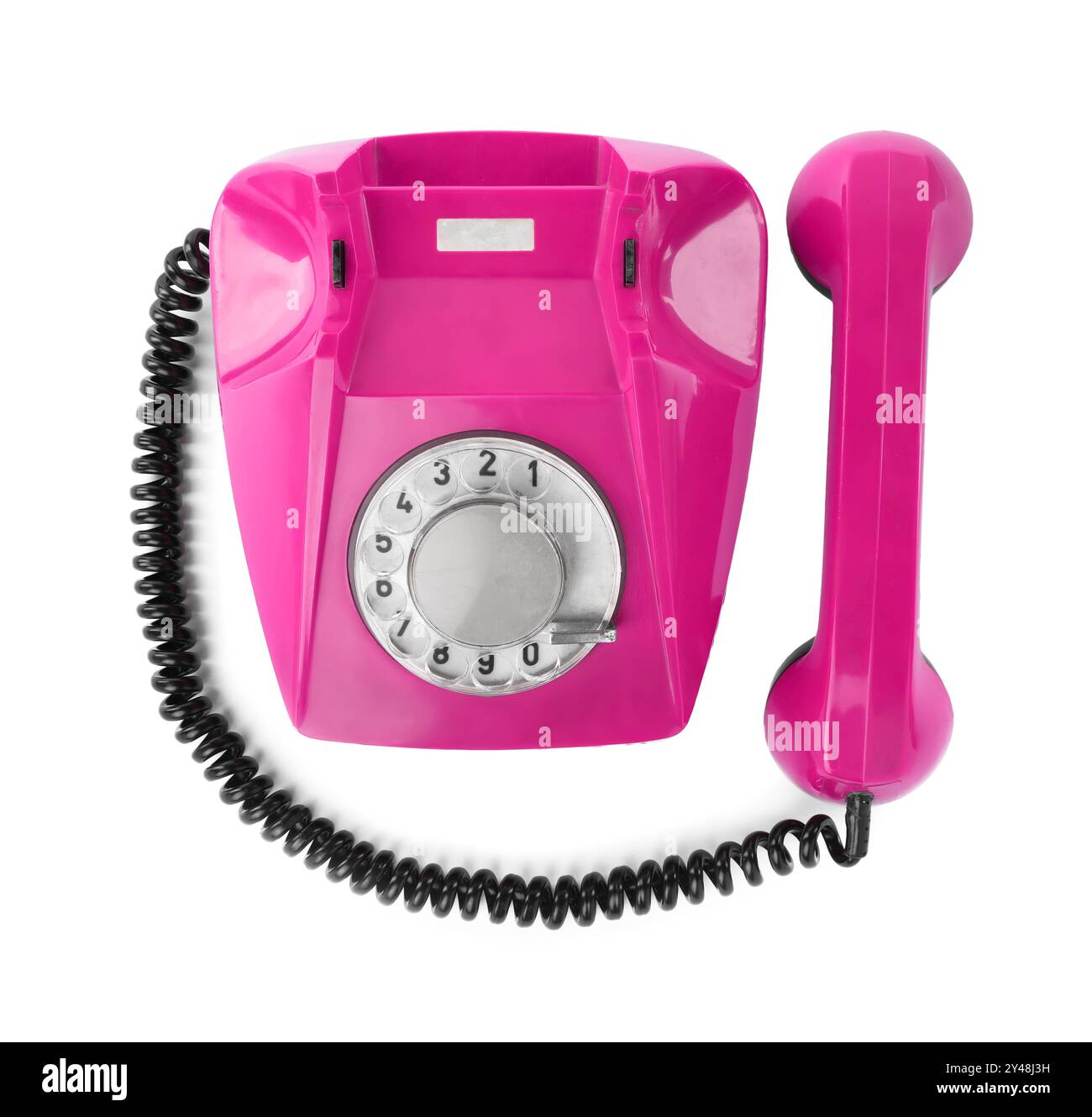 Old magenta color telephone with rotary dial isolated on white, top ...