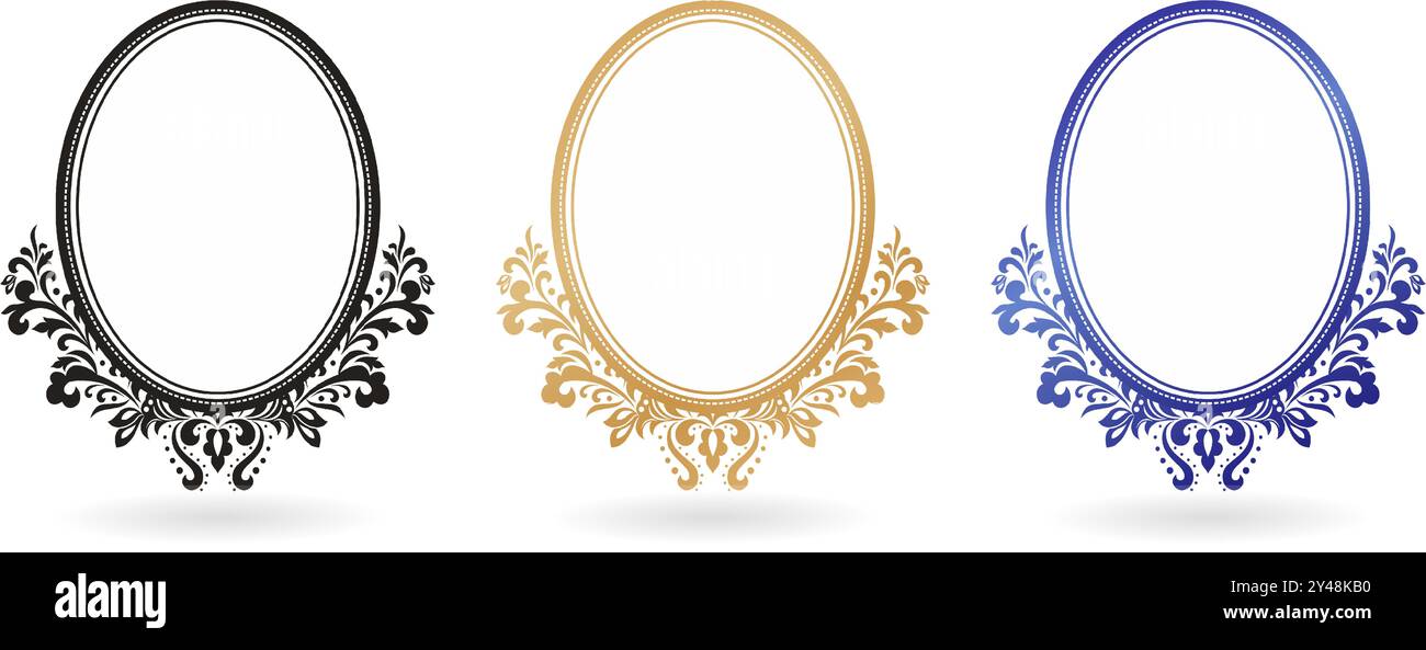 three oval frames with ornate decorative designs isolated white ...