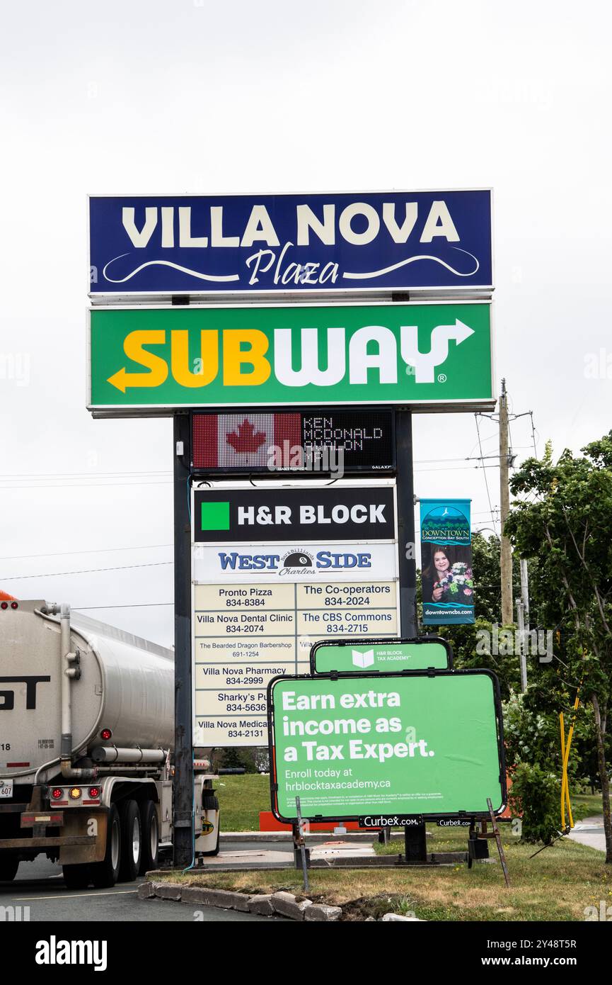 Villa Nova Plaza, Subway and H&R Block signs on Conception Bay highway ...