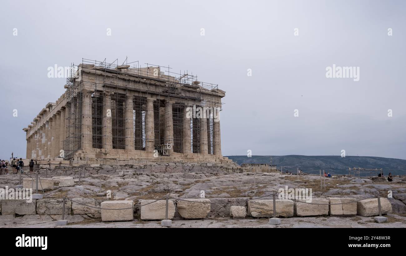 Architectural detail of the Parthenon, a former temple dedicated to the goddess Athena, located ...