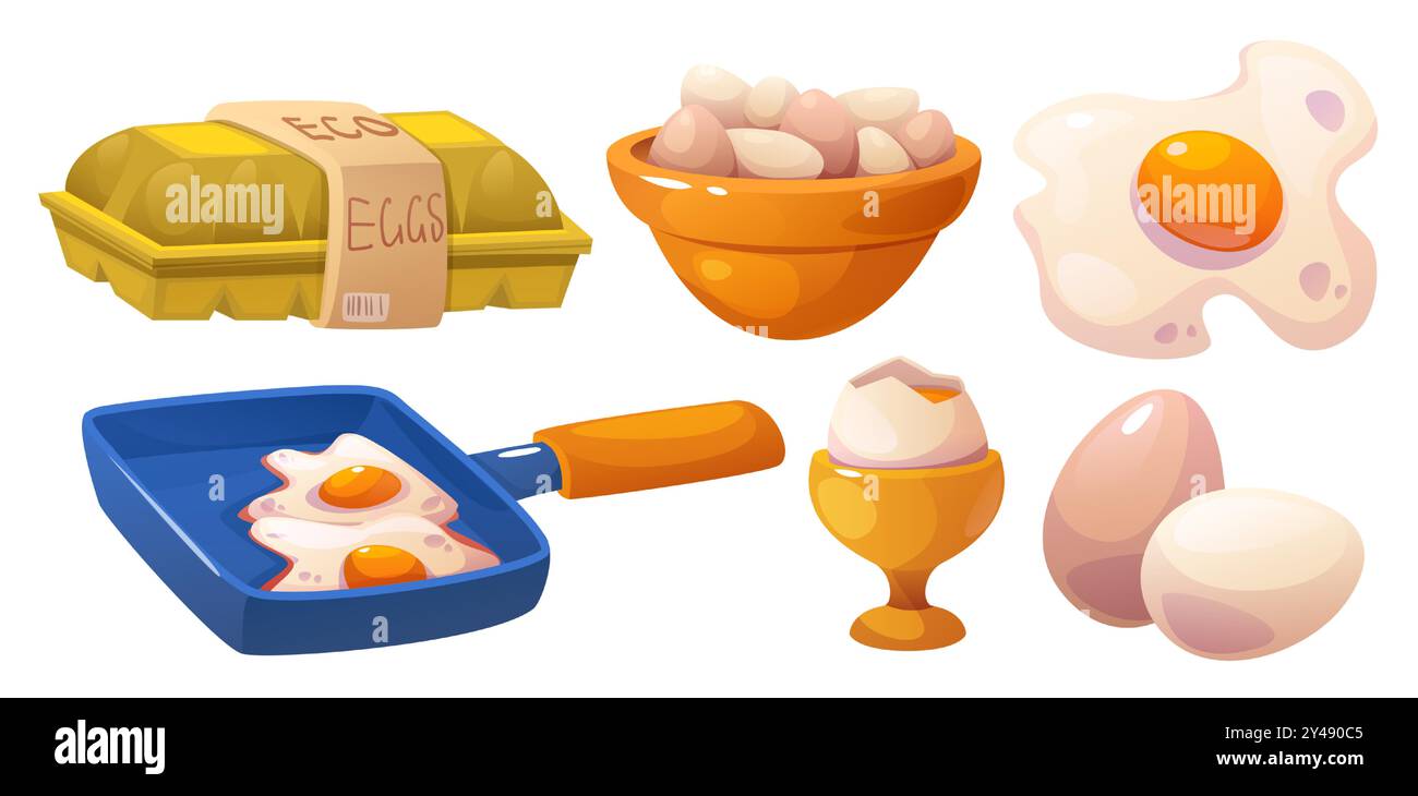 Chicken egg cartoon vector set - whole raw or cooked in bowl, on cup ...