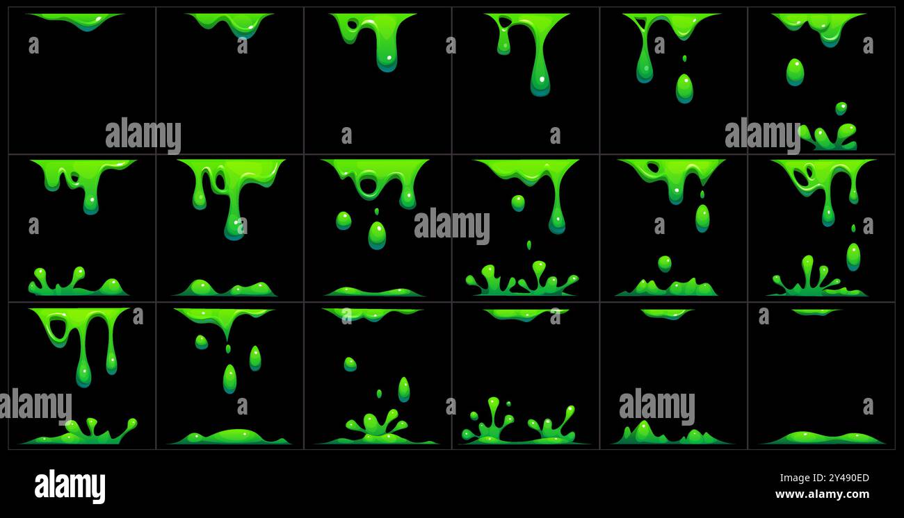 Green slime animated sprite, animation effect showing stages of dripping and splashing toxic ...