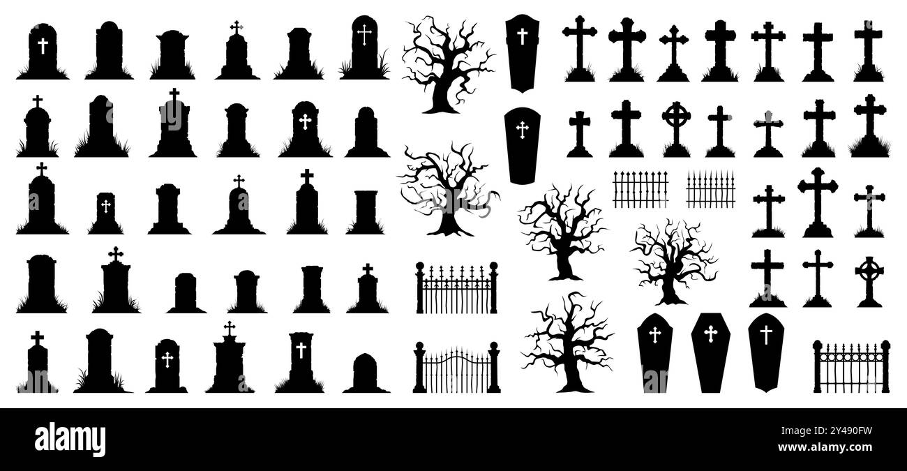 Cemetery tombstones with crosses, graveyards and headstones, vector fence and trees. Coffins and ...
