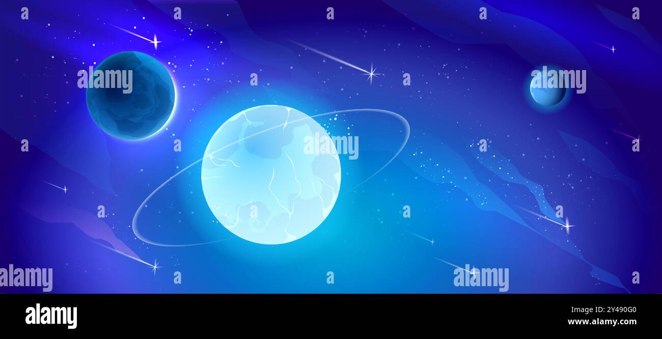Blue outer space background with stars and nebula, neon glowing planets ...