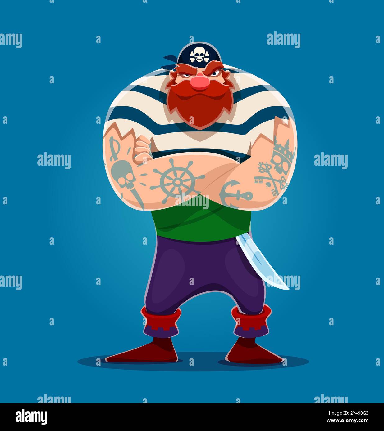 Cartoon giant pirate sailor character with striped shirt, tattoos and a ...