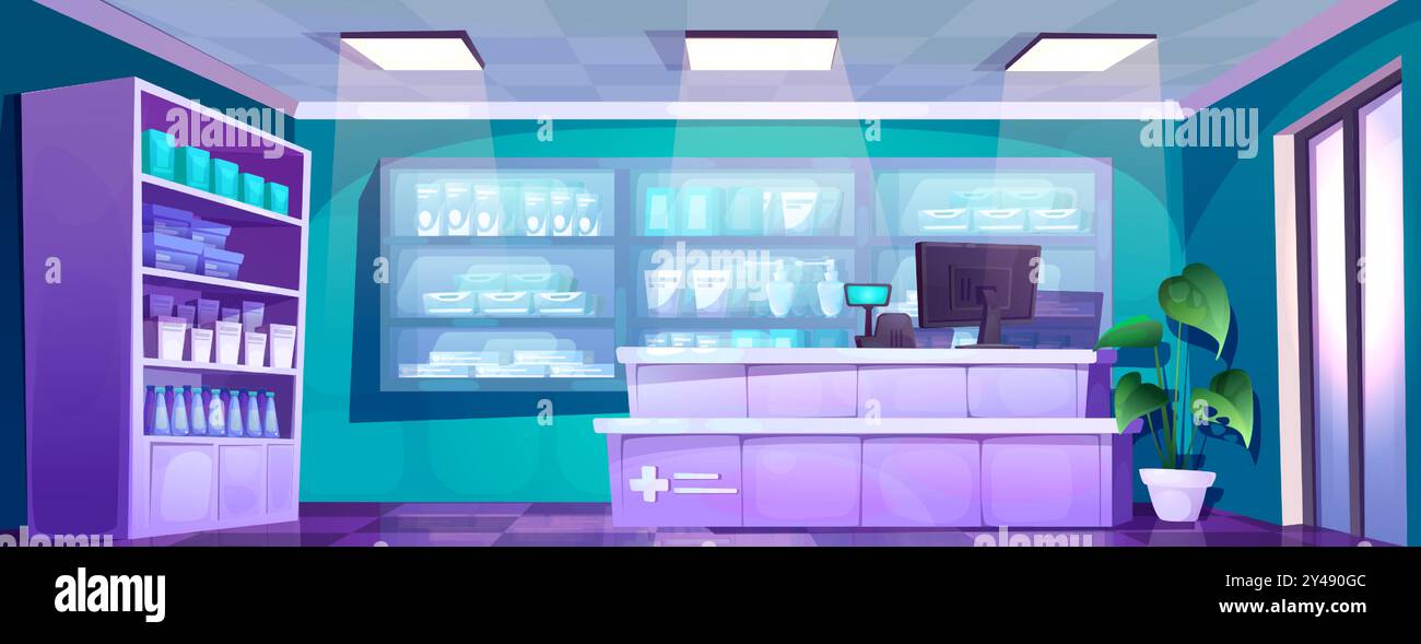 Hospital pharmacy store interior. Shelves in medical shop near counter ...