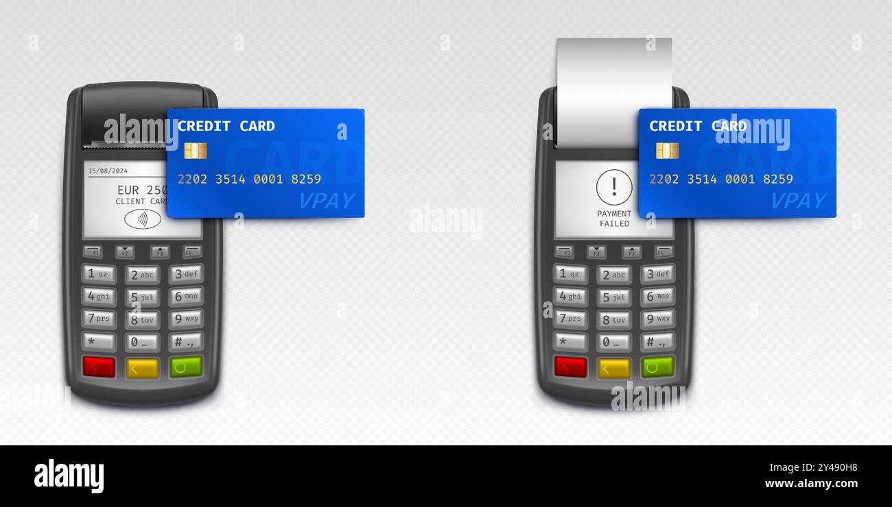 Pos terminal with credit card payment and paper bill. Realistic 3d ...