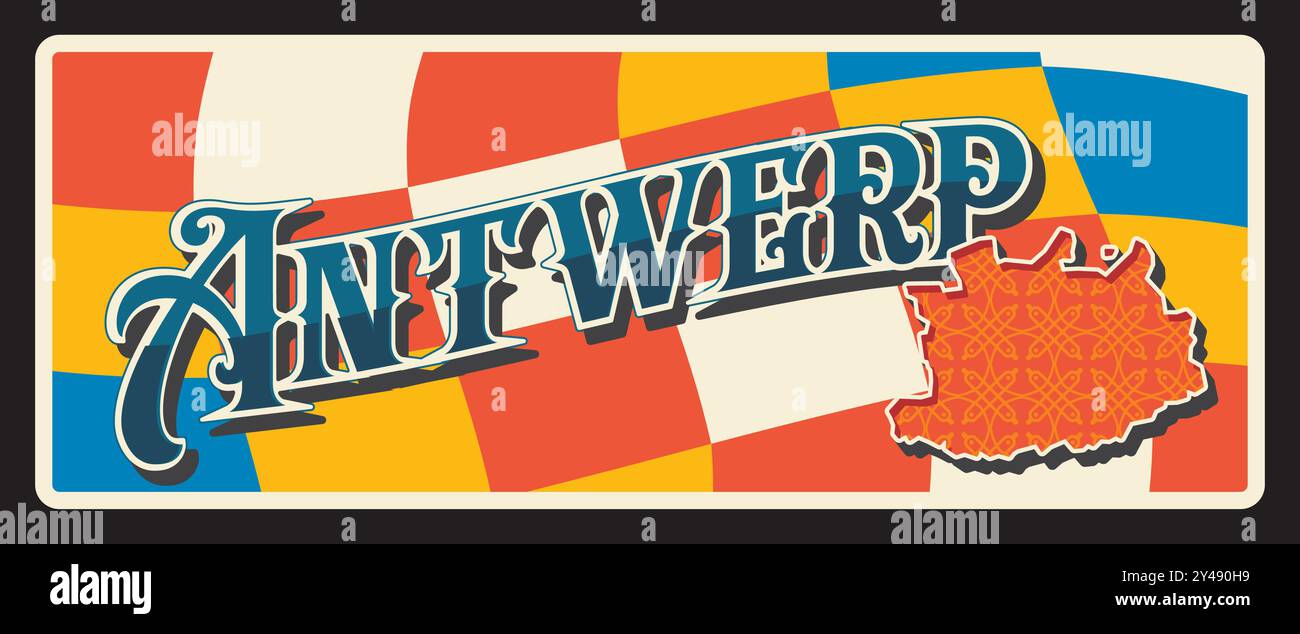 Antwerp Belgian region Belgium retro travel plate sticker, vector. Belgium city tin sign and ...