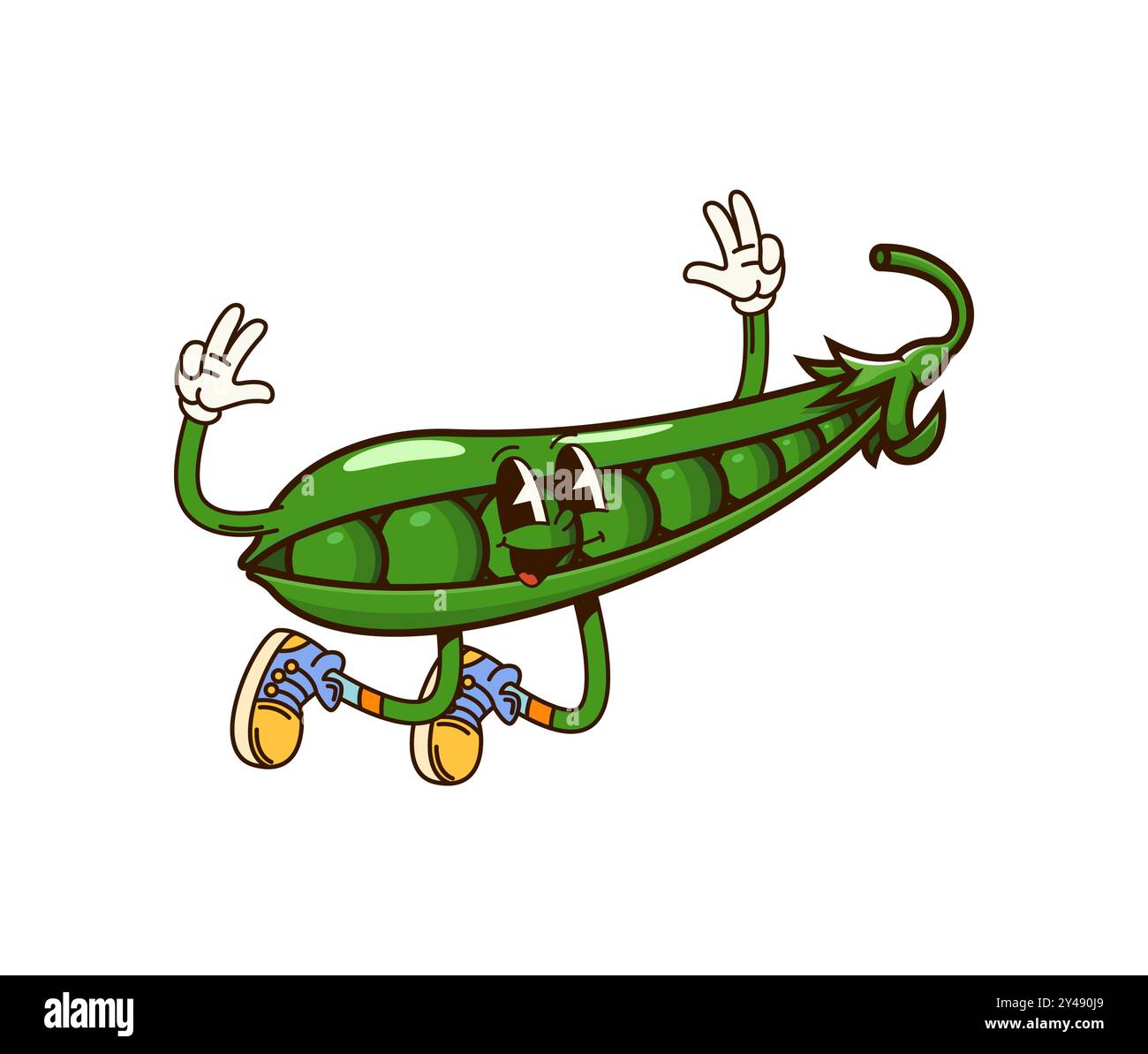 Groovy green pea vegetable character cheerfully jumping, displaying ...