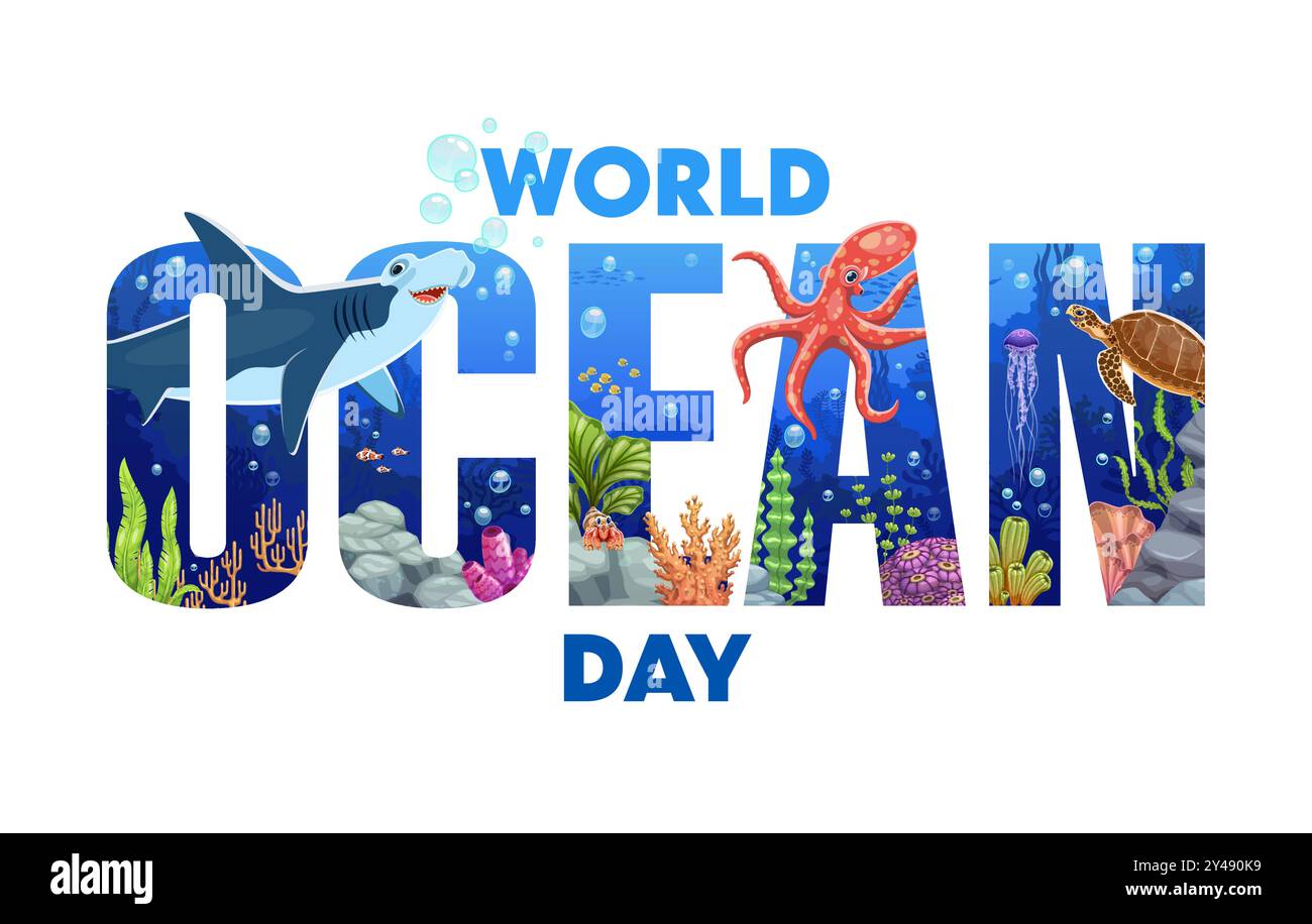 World oceans day banner with vibrant marine life and animals such as ...
