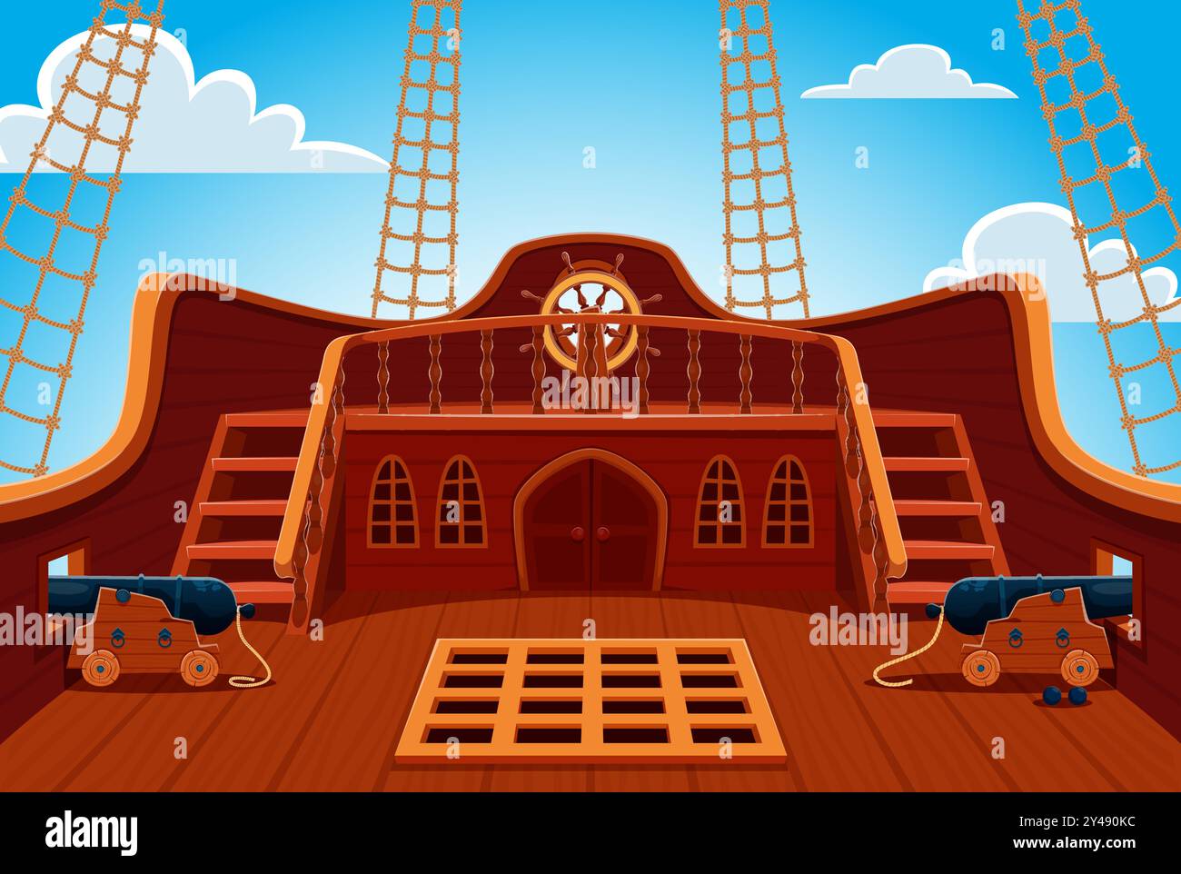 Pirate ship stern deck with steering wheel and cannons. Vector corsair ...