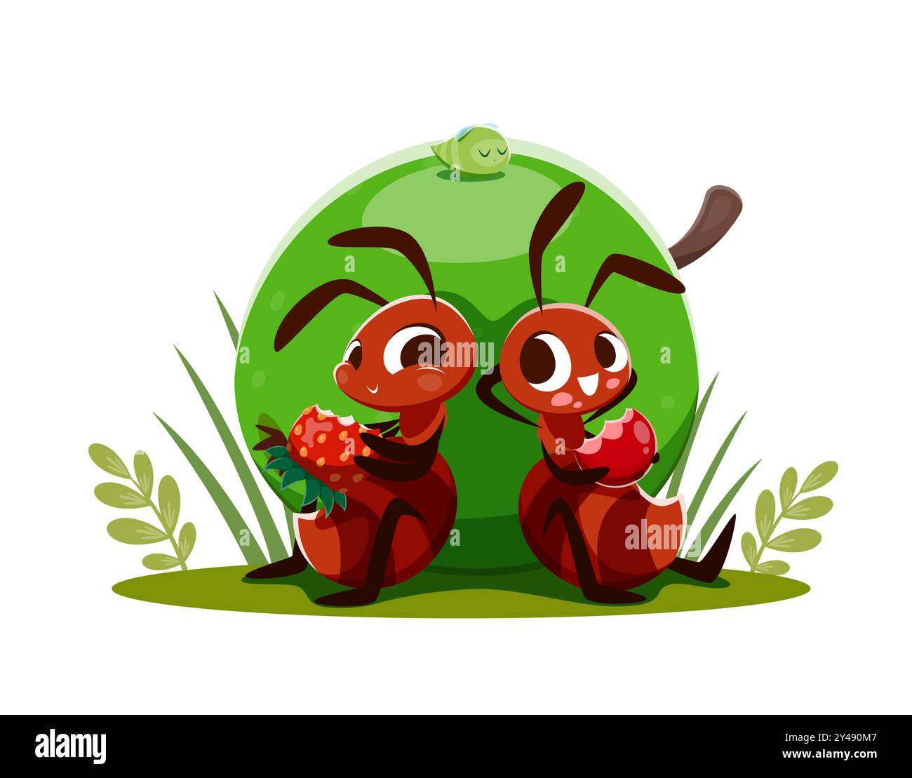 Cartoon ant characters eating berries on meadow grass, vector kids ...