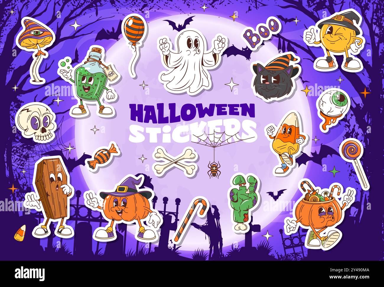 Cartoon groovy Halloween characters stickers pack. Vector ghost, black ...