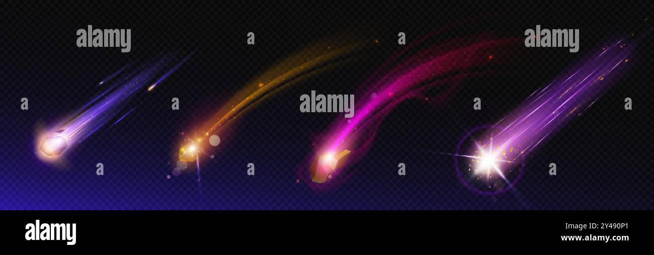 Falling asteroid with fire trail in outer space. Realistic 3d vector ...