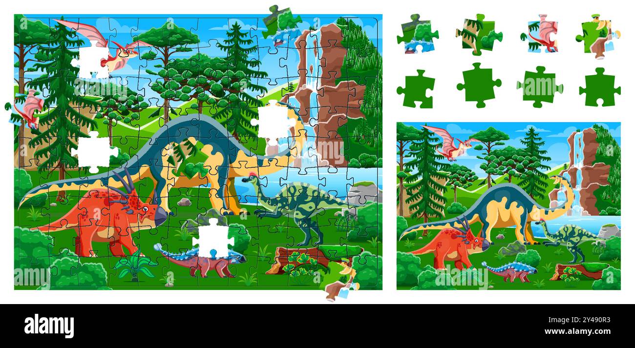 Jigsaw puzzle game pieces with prehistoric dinosaurs landscape, vector ...