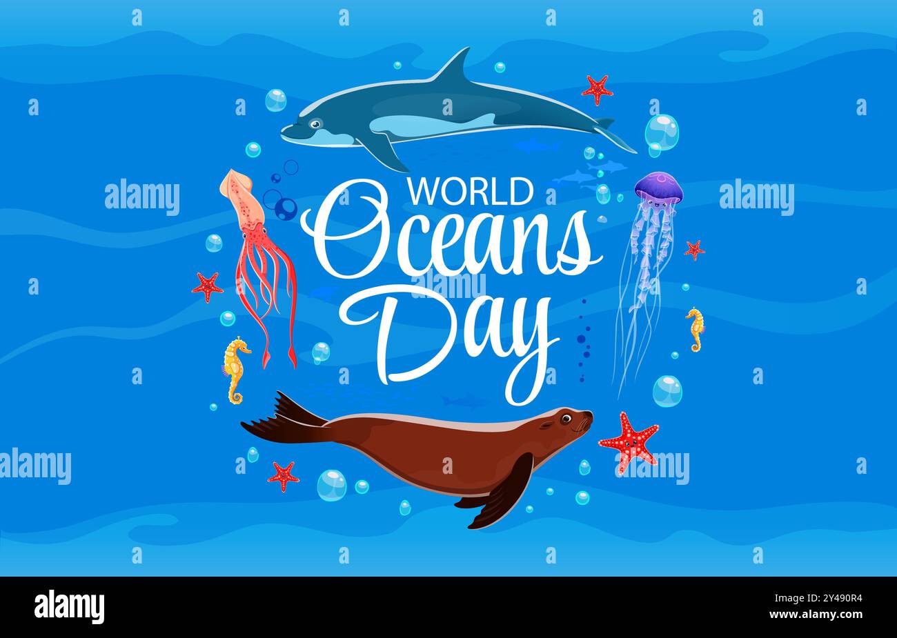 World oceans day banner with dolphin, seal and sea animals. Vector ...