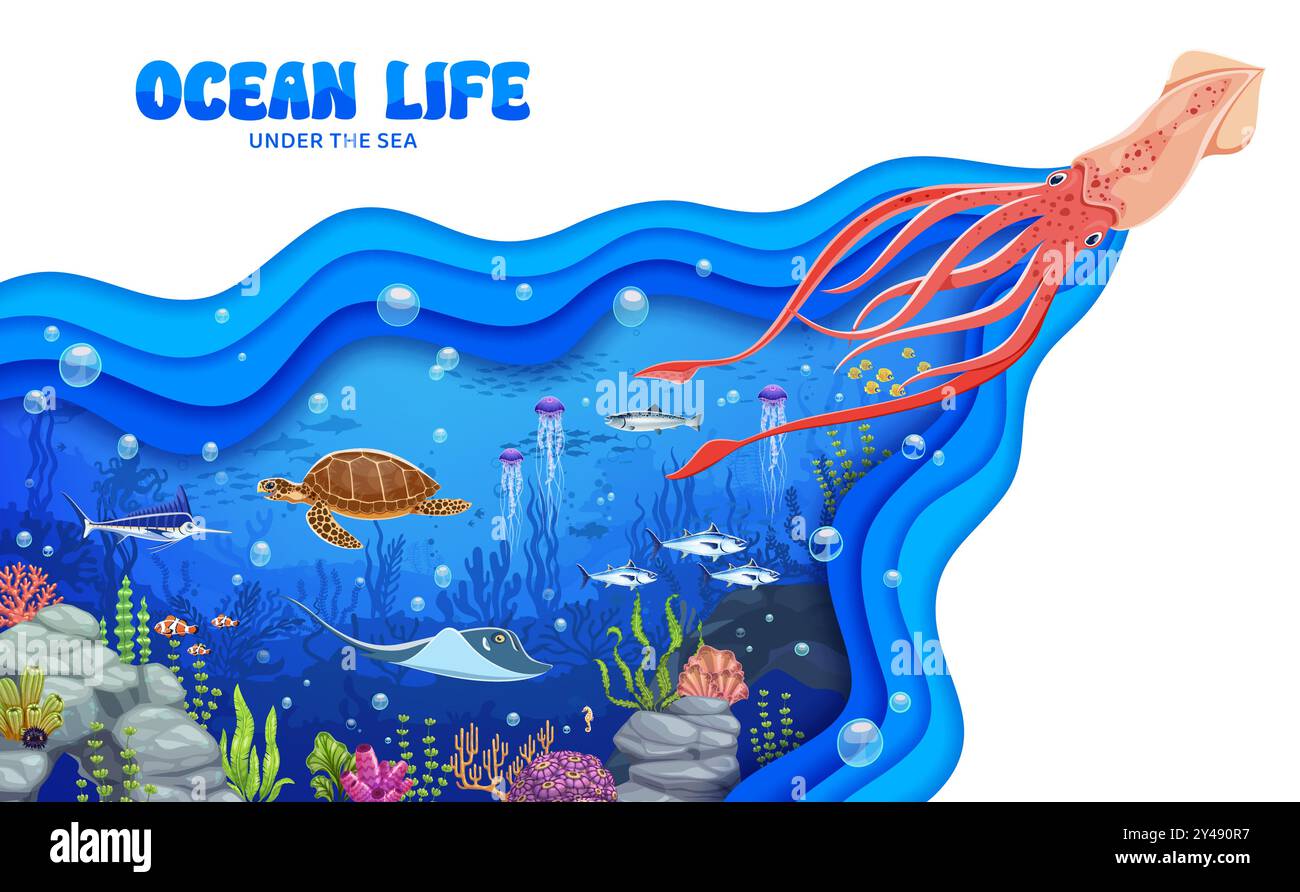 Cartoon squid and sea animals at underwater landscape. 3d vector paper ...