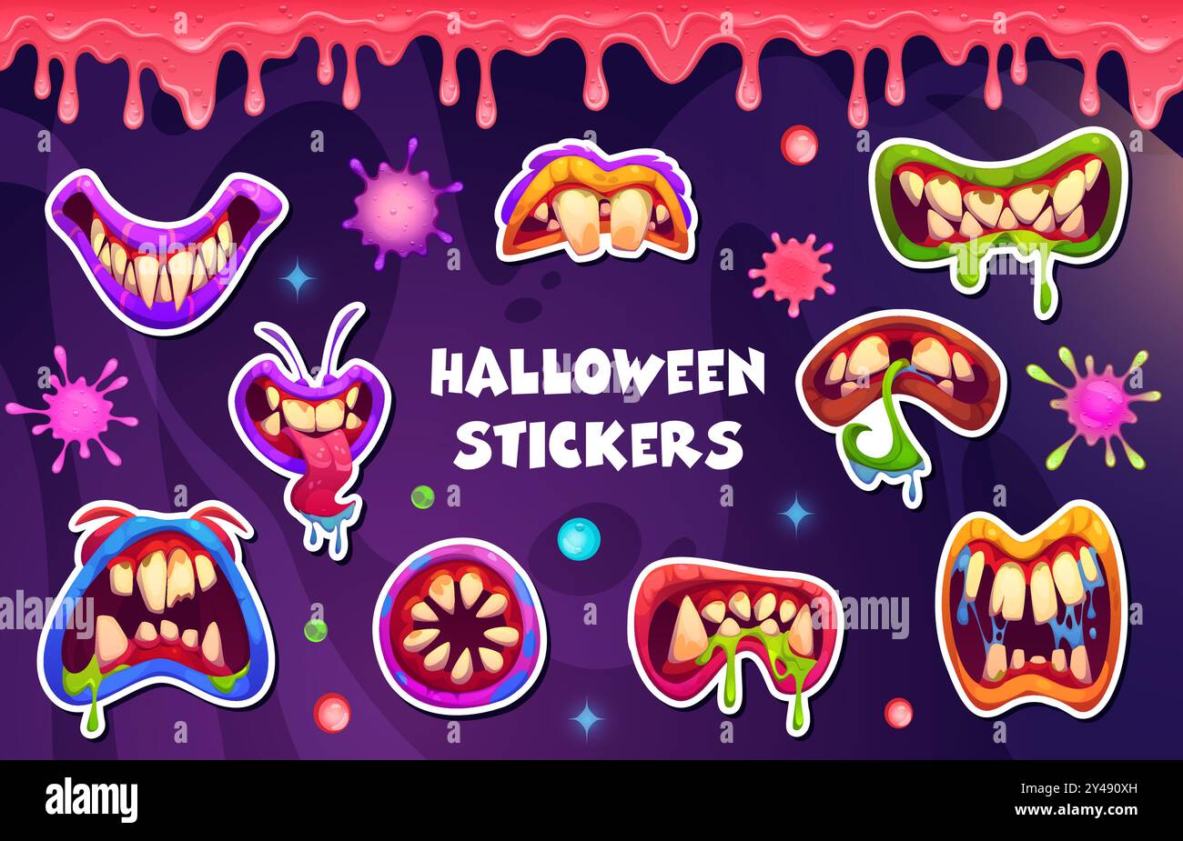 Stickers pack of Halloween monster mouth with drool jaws, dripping ...