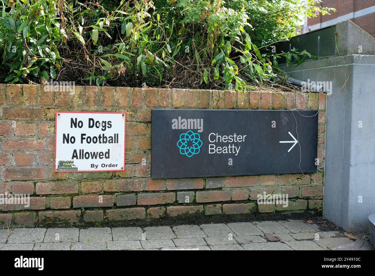 No dogs and no football allowed sign with sign pointing to Chester ...