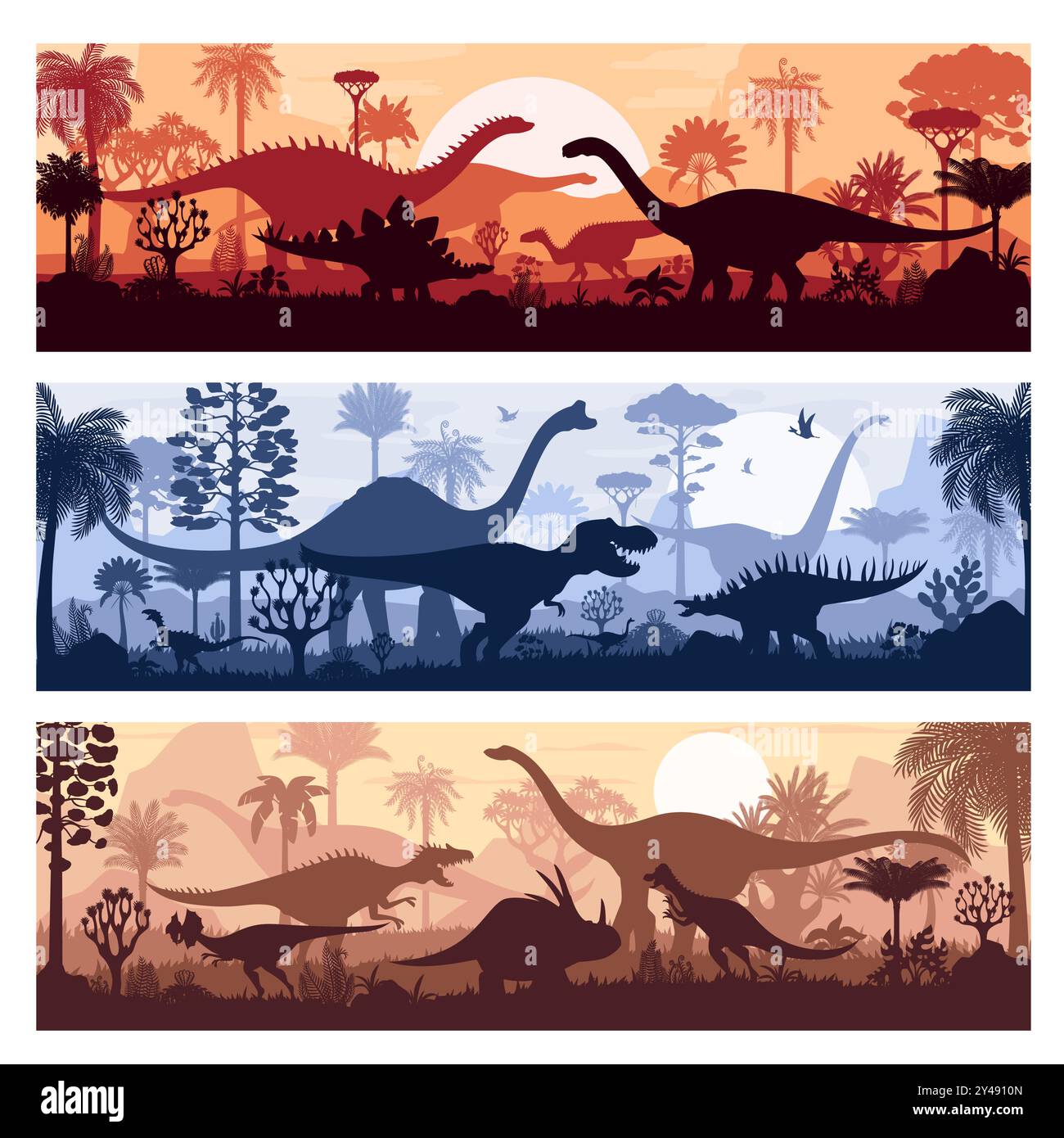 Prehistoric era landscape with dinosaurs silhouettes, horizontal ...