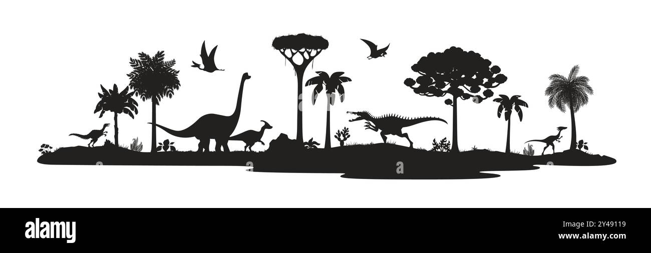 Prehistoric dinosaur silhouettes. Isolated vector black panoramic scene ...