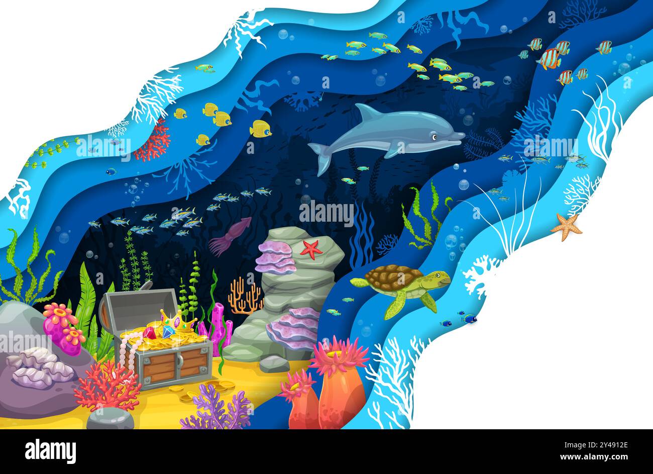 Cartoon treasure chest and sea animals at paper cut underwater ...
