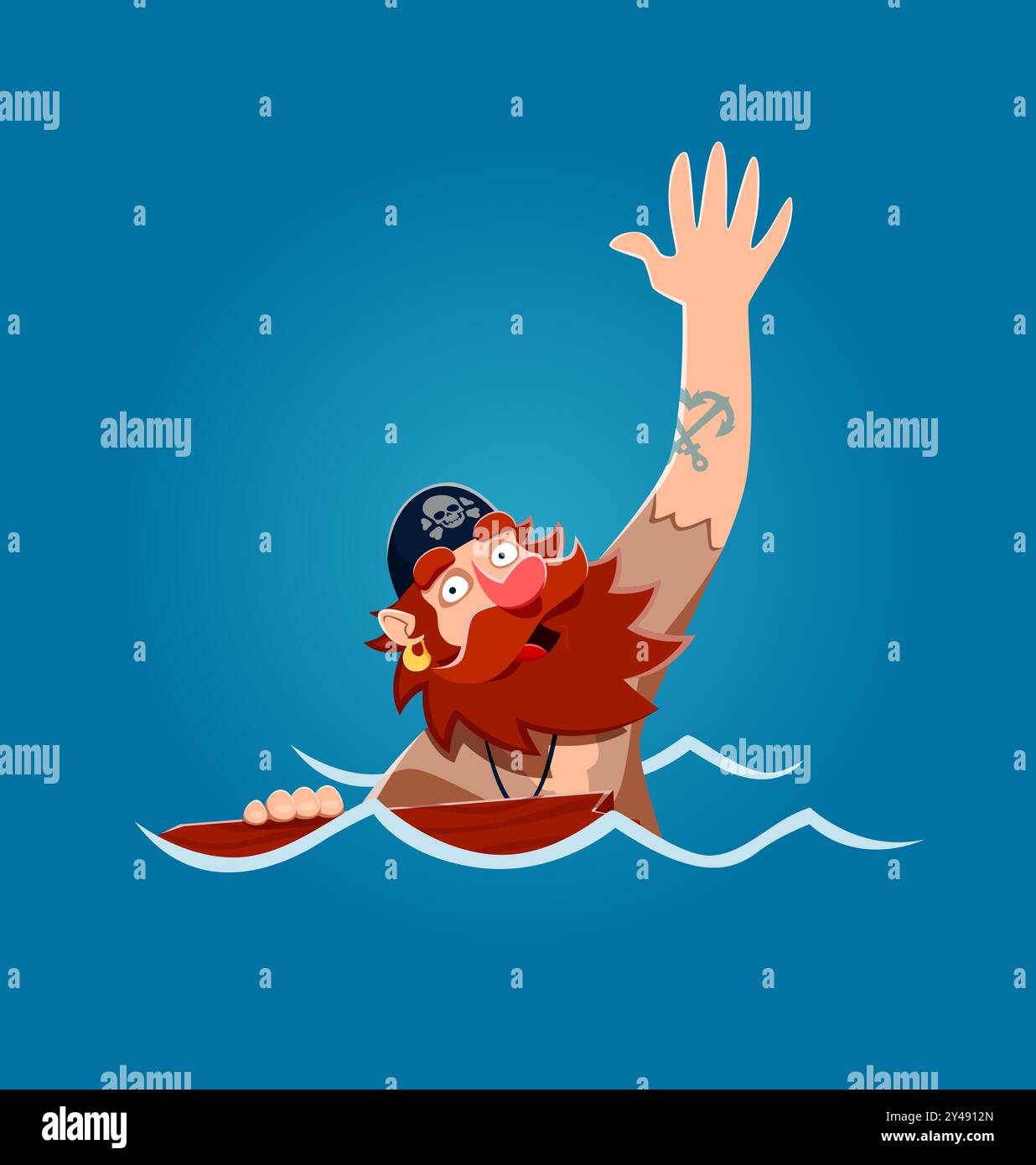 Cartoon distress drowning pirate corsair character partially submerged ...
