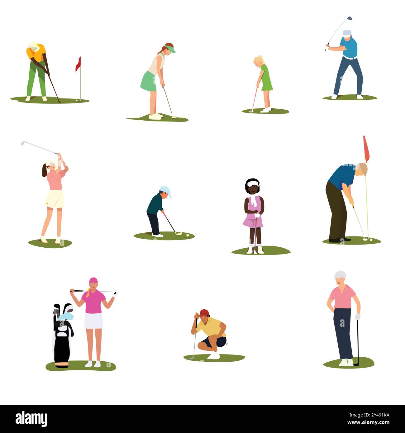 A vector illustration of golfers in different poses playing golf Stock ...