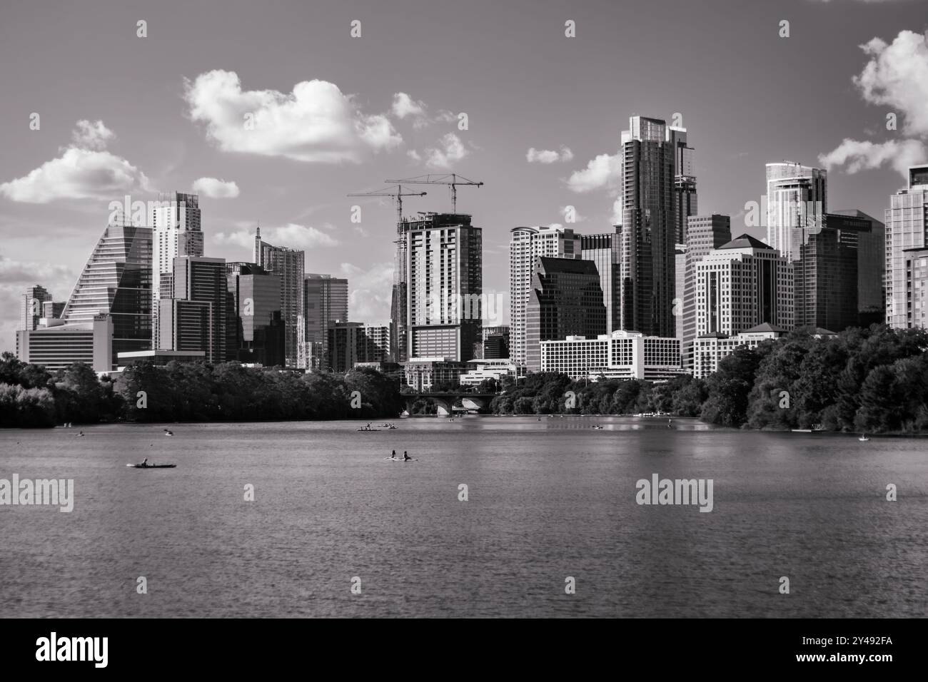 Black and white photo of the Austin skyline taken from the waterfront ...