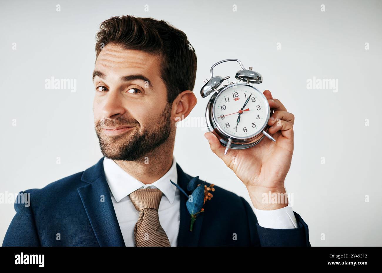 Portrait, groom and man with clock, celebration and person on gray ...