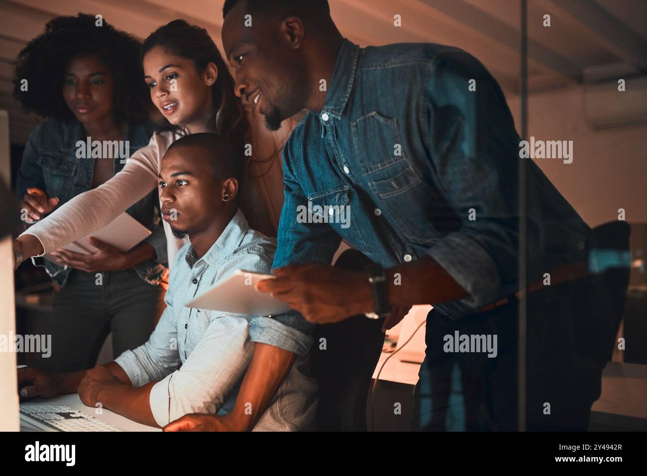 Night, computer and teamwork with business people office for planning ...