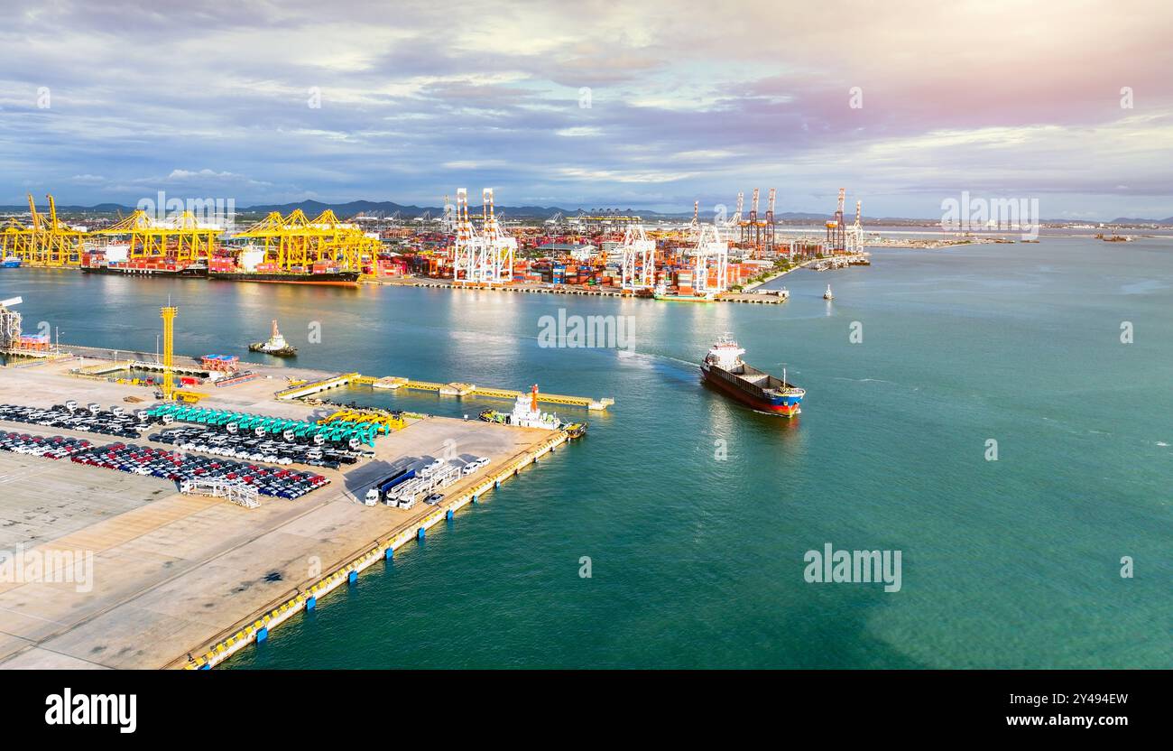Aerial view of a large stock of new cars parked at a port terminal ...