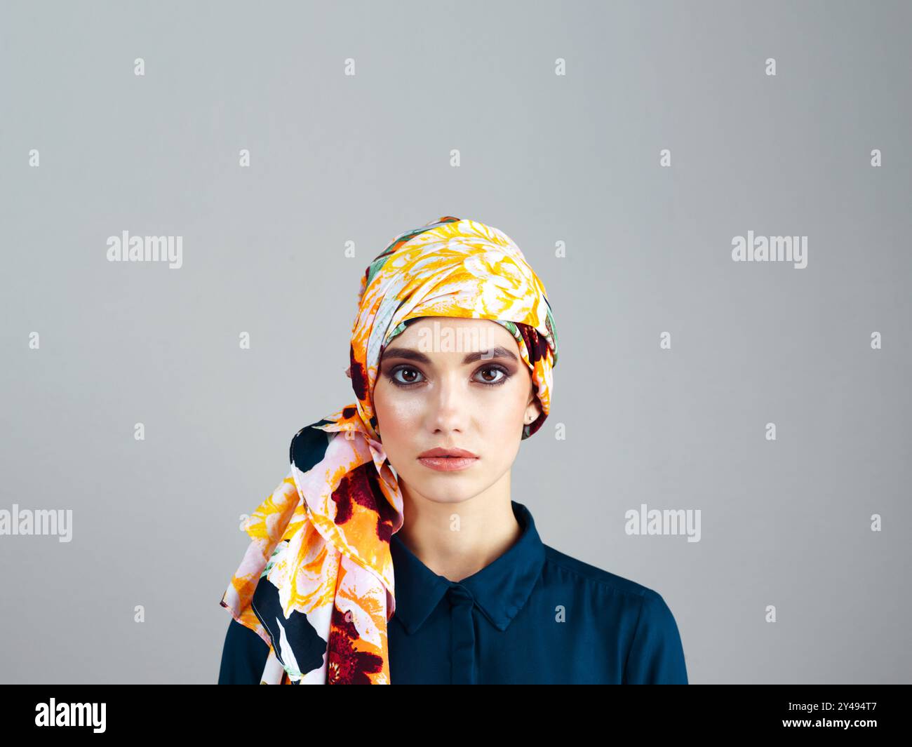 Hijab, raya and portrait with woman in studio for islamic fashion ...